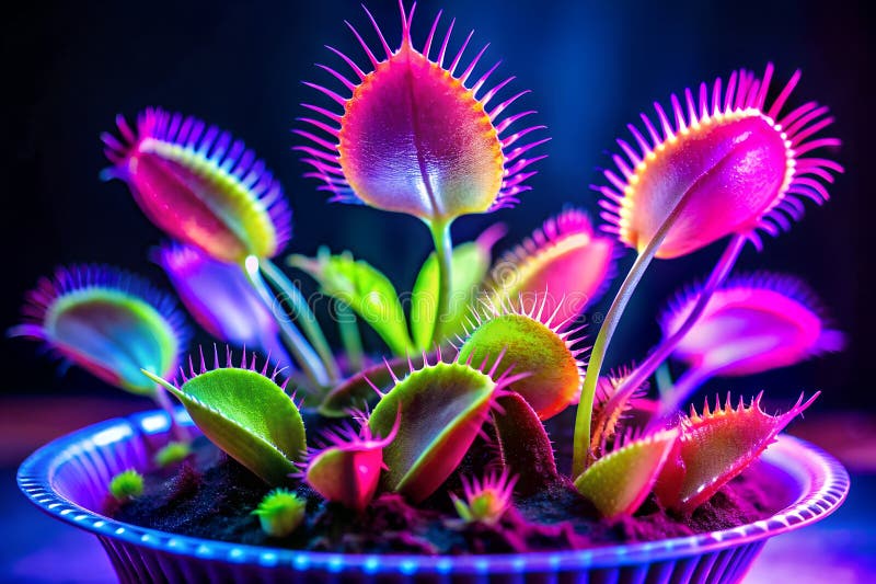 Glowing Venus Flytrap with Neon Pink Traps Under UV Light on White ...
