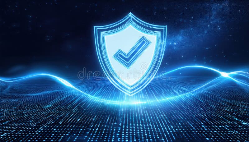 Glowing Verification Symbol Above Digital Smart Contract on Blue ...