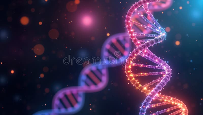 Glowing Vibrant DNA Double Helix Structure on Dark Cosmic Backdrop ...