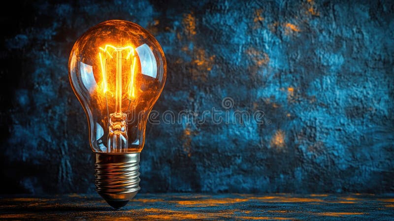 Glowing Vintage Light Bulb Against Rustic Blue Background Stock Image ...