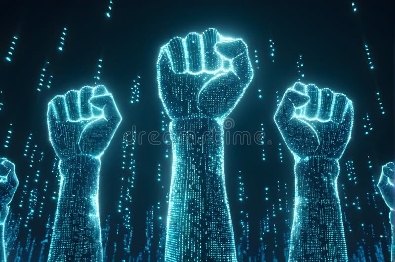 Glowing Virtual Digital Fists are Raised in Gesture of Defiance Stock ...