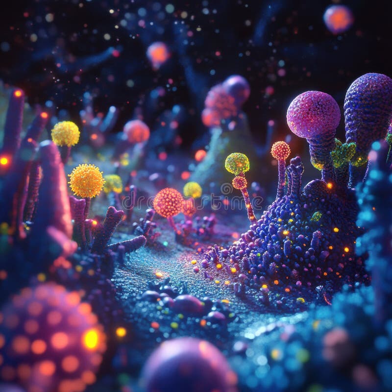 Vibrant Microscopic Landscape Showcases Glowing Viruses Amidst a ...