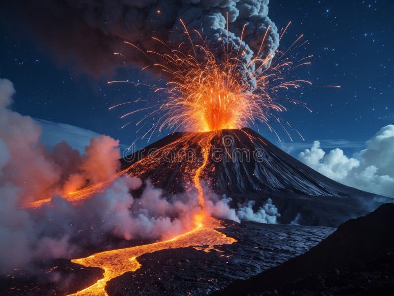 Glowing Volcano Erupting with Flowing Lava and Explosive Sparks at ...