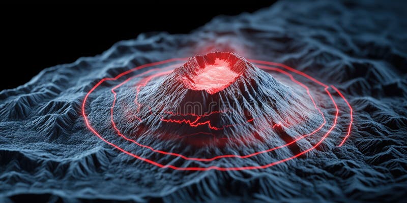 Glowing Volcano with Seismic Activity Visualized by Red Concentric ...