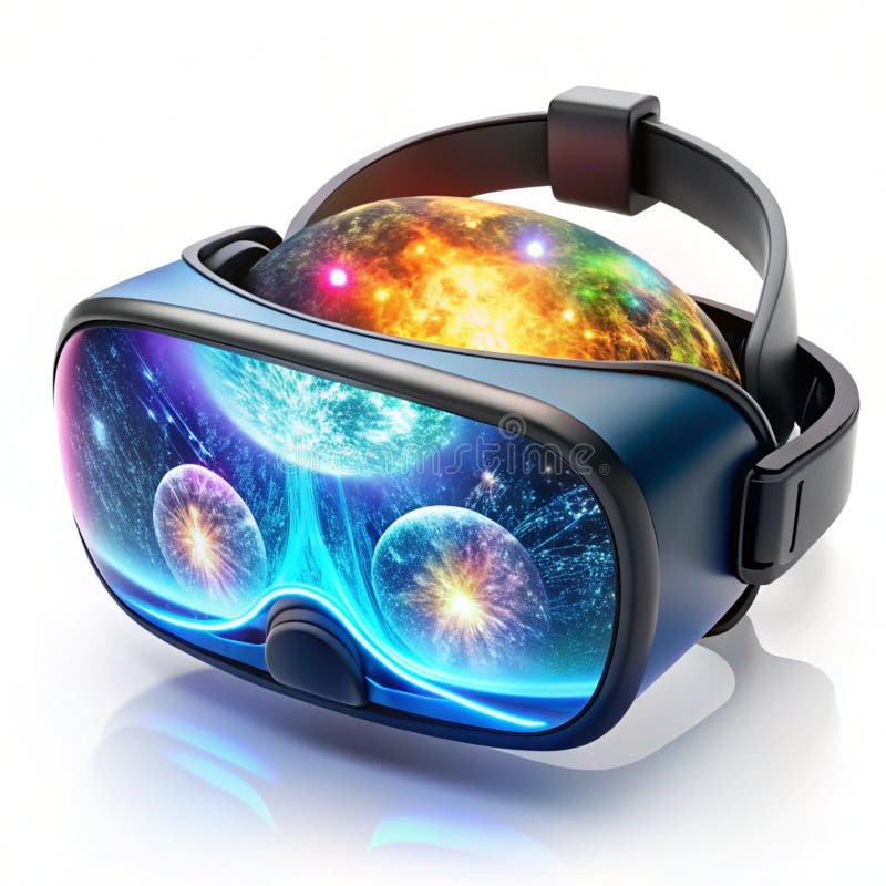 Glowing VR Headset with Floating Holographic Images Stock Illustration ...