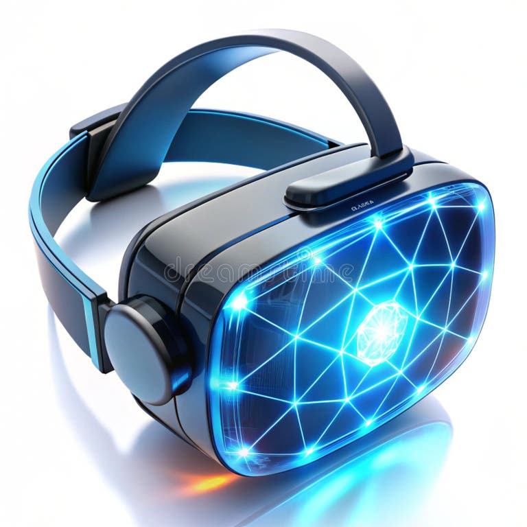 Glowing VR Headset with Rotating 3D Virtual Elements Stock Illustration ...