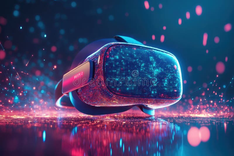 A Glowing VR Headset Sits on a Reflective Surface, Surrounded by Bright ...
