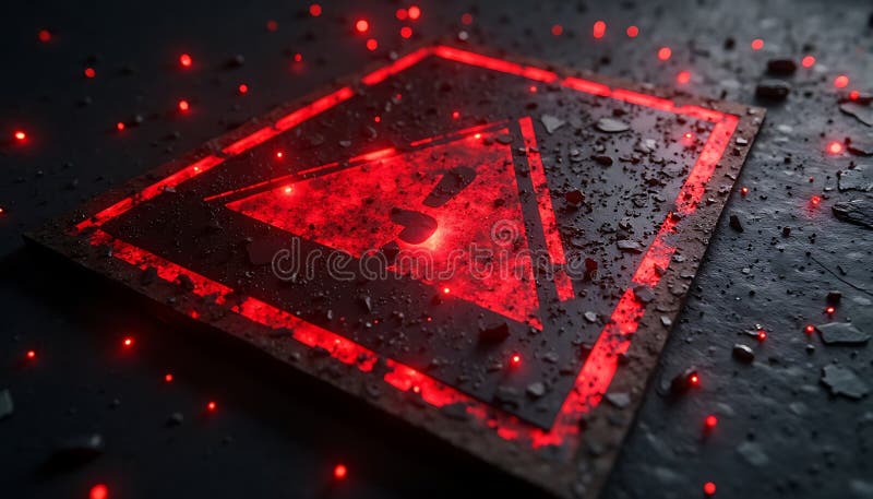 Glowing Warning Sign with Exclamation Mark Emitting Red Light on Dark ...
