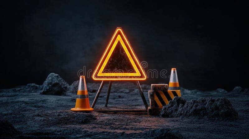 A Glowing Warning Sign Surrounded by Traffic Cones in a Dark Rocky ...