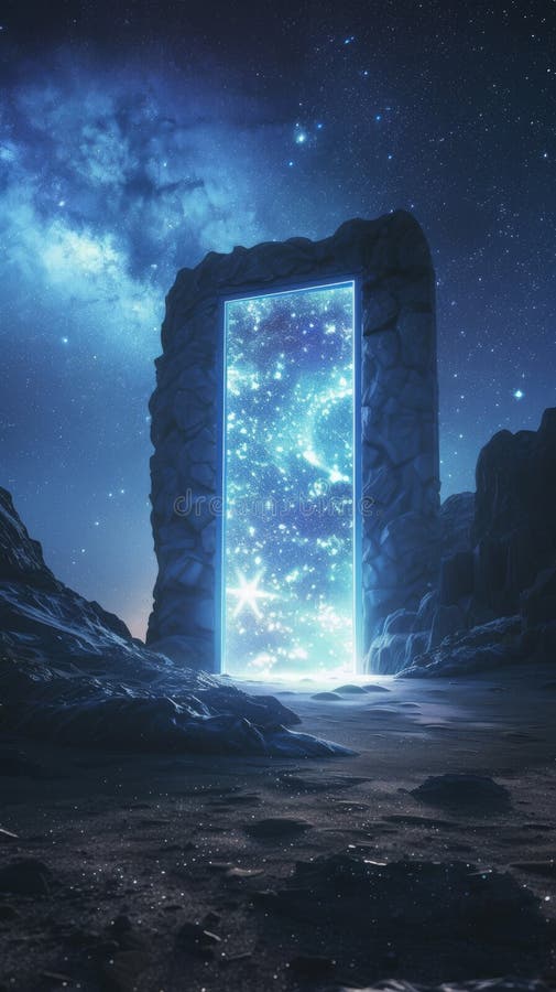 Glowing Warp Gate Set Against a Starry Night Sky Stock Illustration ...