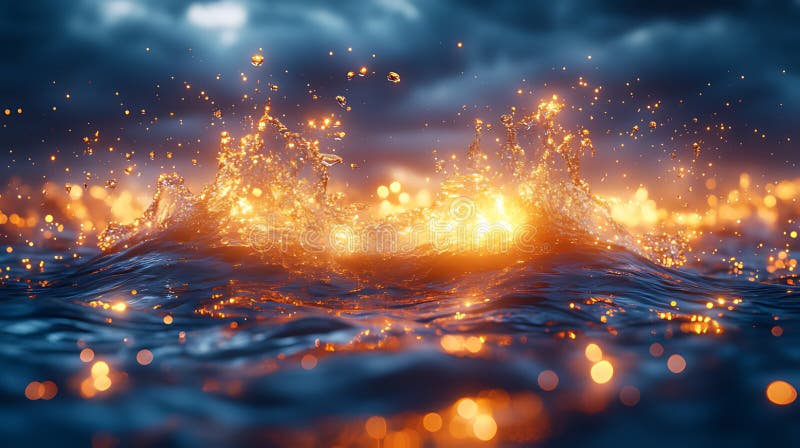 Glowing Water Splashes, Stormy Sky, Ocean, Fantasy, Artwork Stock ...