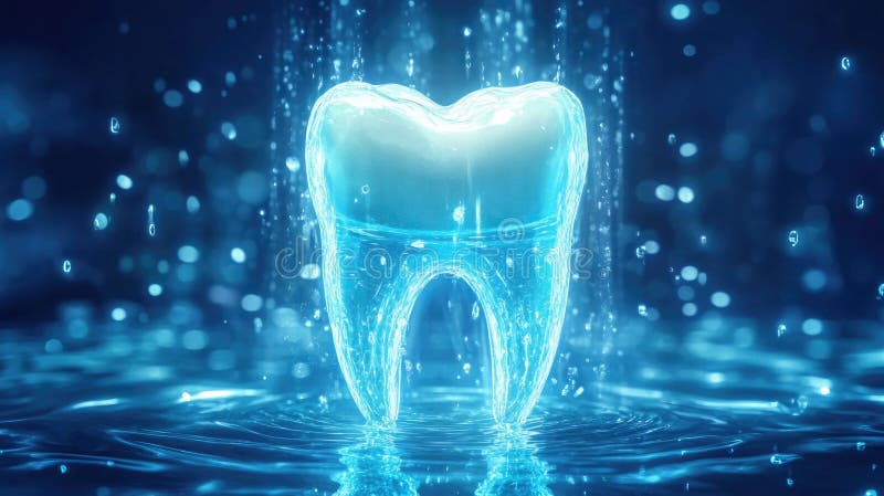 Glowing Water Tooth Surrounded by Rippling Blue Water Droplets Stock ...