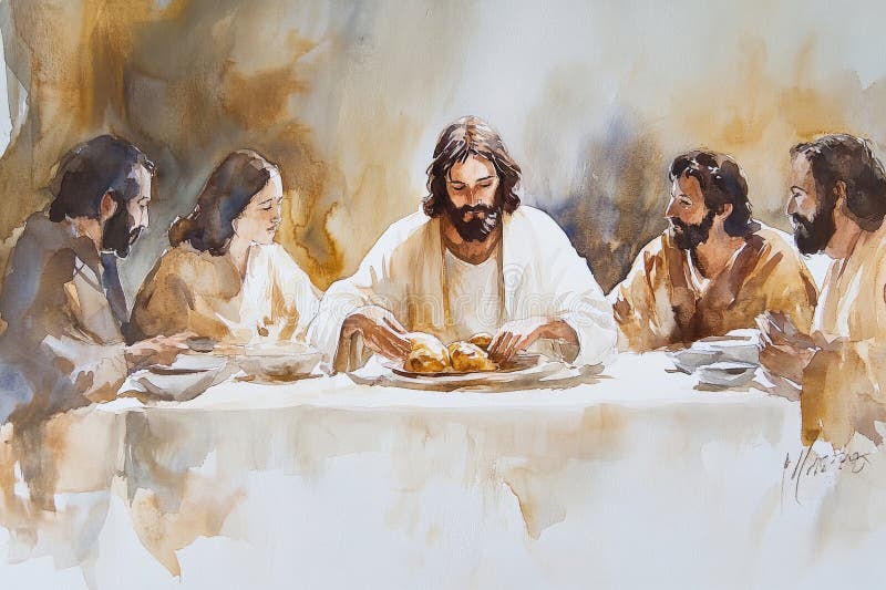 A Glowing Watercolor of Jesus Seated at the Last Supper, Breaking Bread ...
