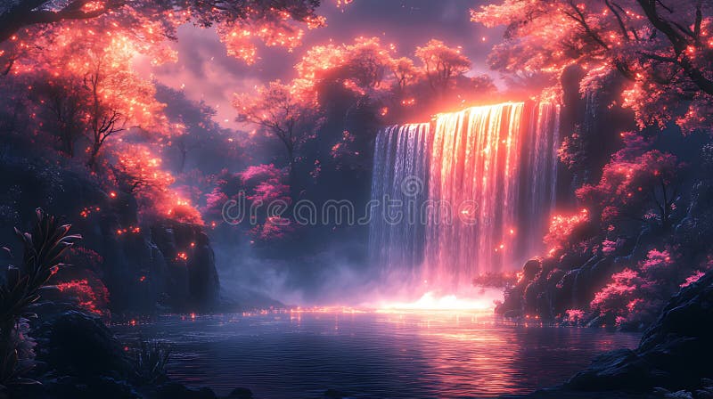 Glowing Waterfall Fantasy Forest, Night Scene, Game Background Stock ...