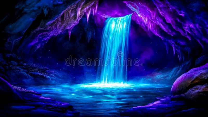 Magical Underground Waterfall Dark Cave Illuminated Water Stock Photos ...