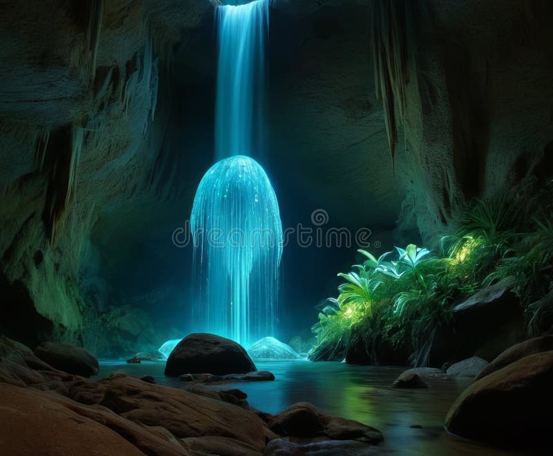 Glowing Waterfall in Mysterious Cave Stock Image - Image of tranquility ...
