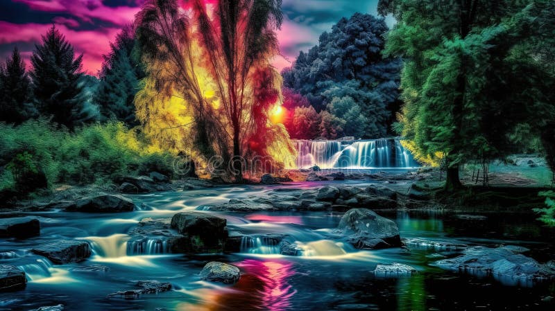 Glowing Waterfall at Night Illustration Stock Illustration ...
