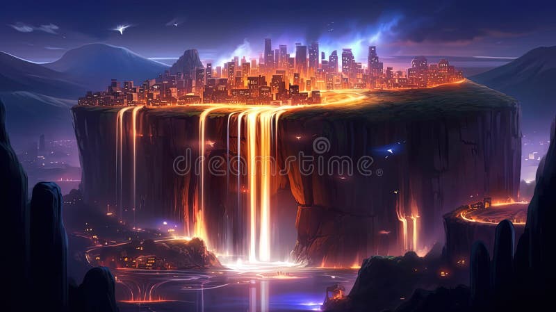 Glowing Waterfall at Night Illustration Stock Illustration ...
