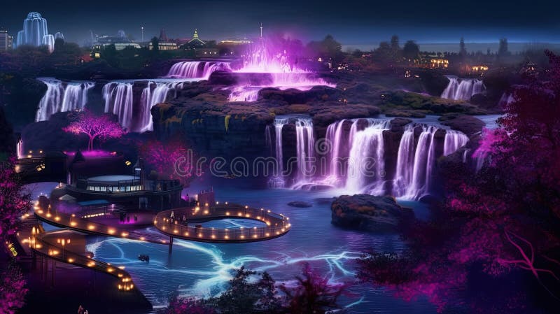 Glowing Waterfall at Night Illustration Stock Illustration ...