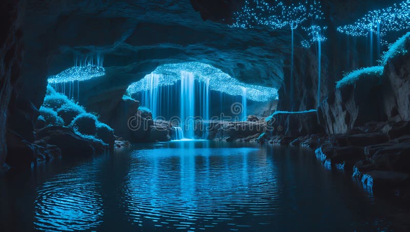 Enchanted Waterfall Cave: Glowing Blue Waters and Mystical Lights Stock ...
