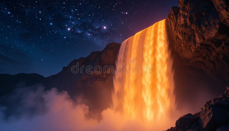 Glowing Waterfall Under Night Sky with Mist Stock Illustration ...