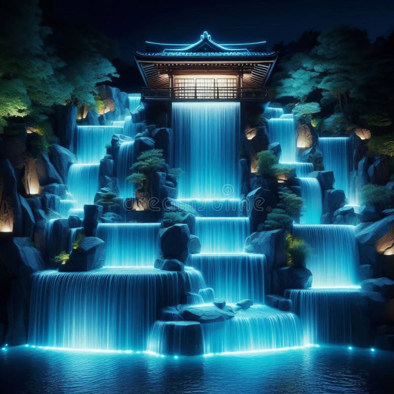 Glowing Waterfall a Waterfall Glows with a Soft Blue Light Creat Stock ...
