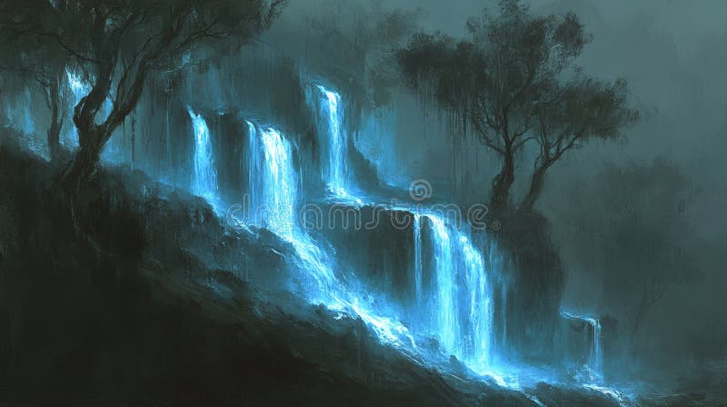 Glowing Waterfalls Cascade Down a Dark Hillside with Trees Under a ...