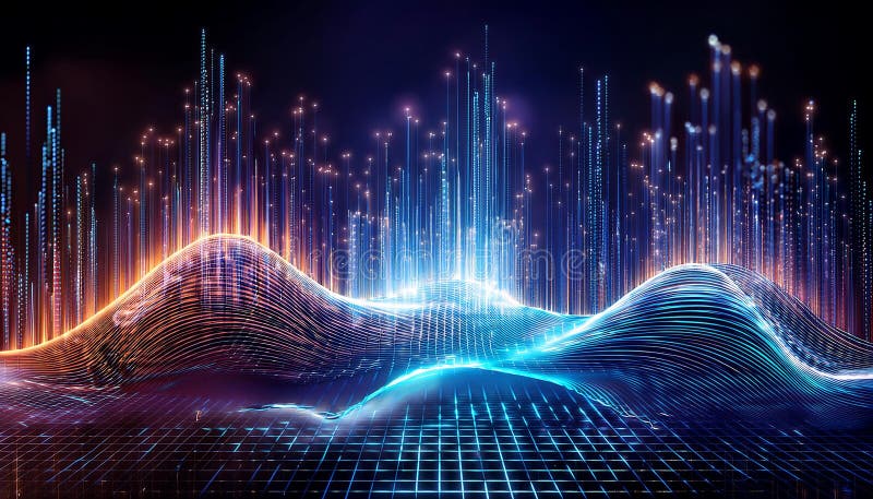 A Glowing Wave of Data Flows Across a Grid, with Vertical Bars in the ...