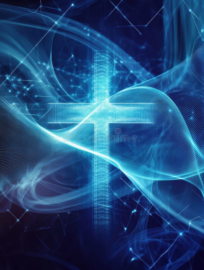 Glowing Waveforms Merge into a Cross-shaped Symbol in a High-tech Blue ...