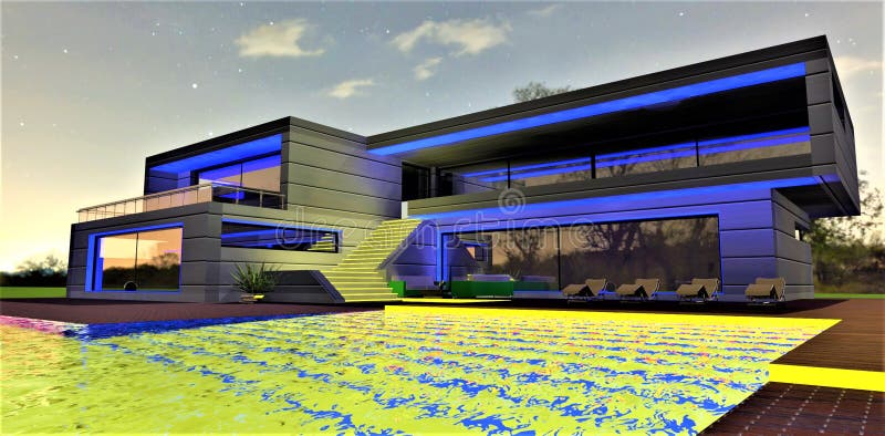 Glowing Waves on the Pool Surface in Front of the House Illuminated ...