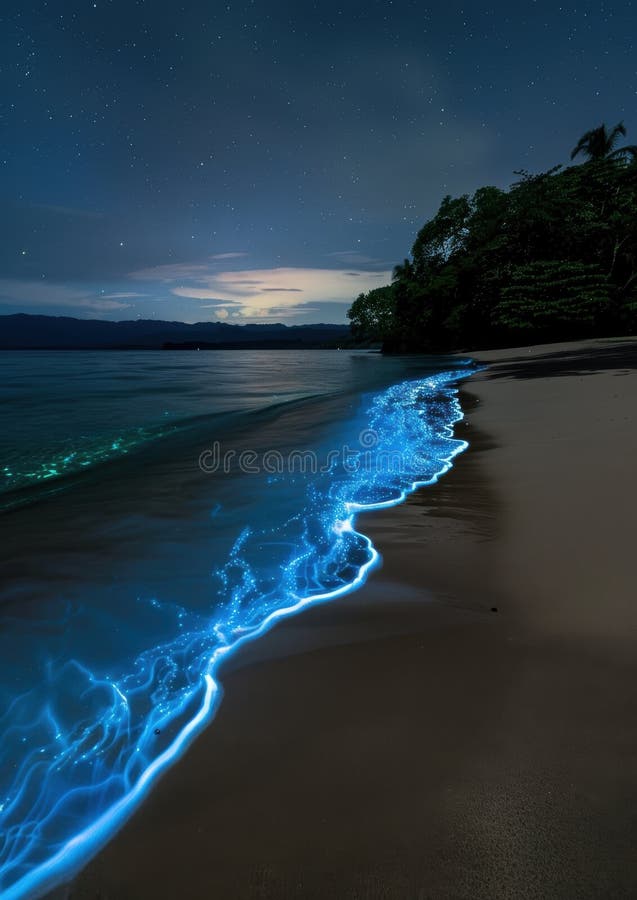Glowing Waves on a Tropical Beach at Night Stock Illustration ...
