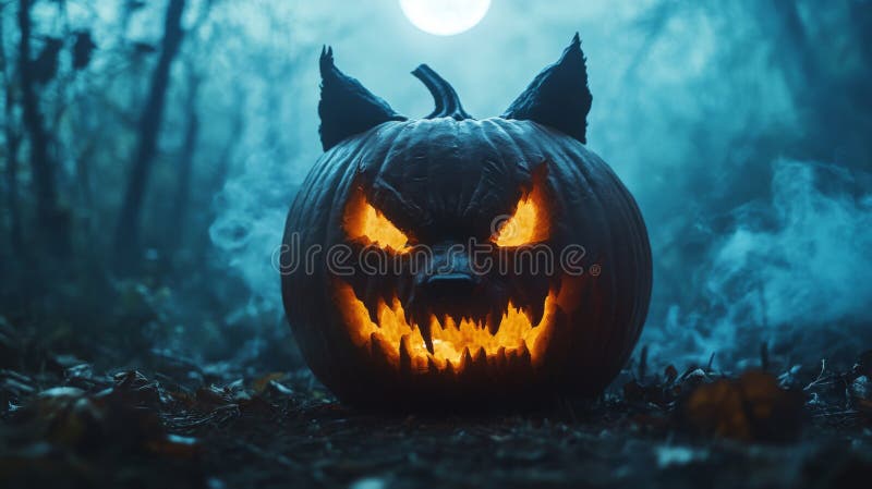 Glowing Werewolf Jack-o -lantern in a Foggy Forest Stock Illustration ...