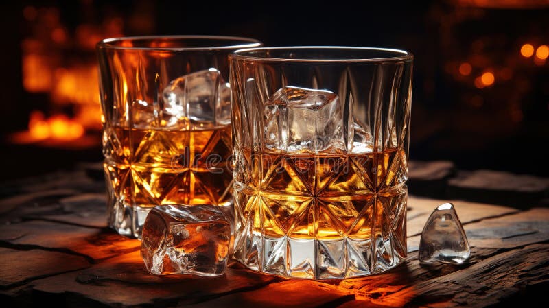 Glowing Whiskey on the Rocks on Bar Table Dark and Low Light Setting ...