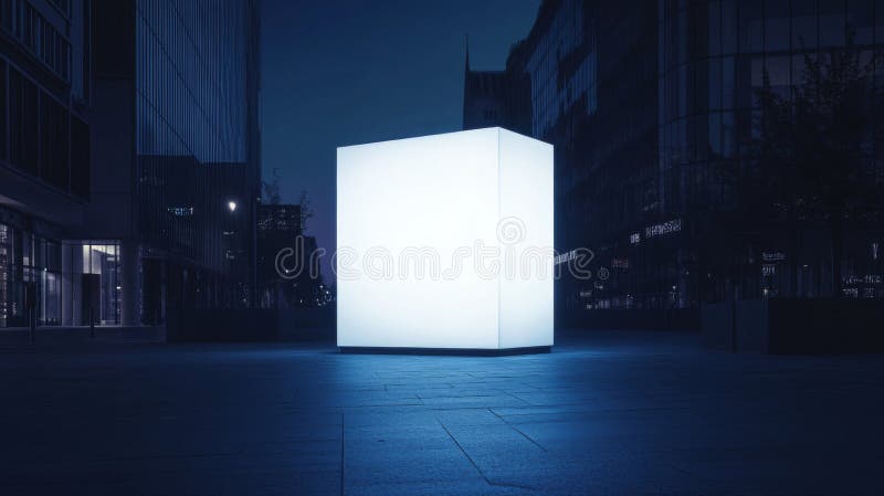 A Glowing White Cube Stands Out Against a Dark City Backdrop Stock ...
