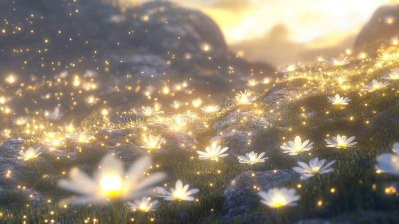 Glowing White Flowers in a Magical Field at Sunset Stock Illustration ...