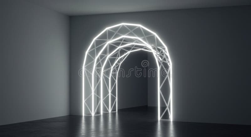 Glowing White Neon Arch Structure in Dark Room Stock Illustration ...