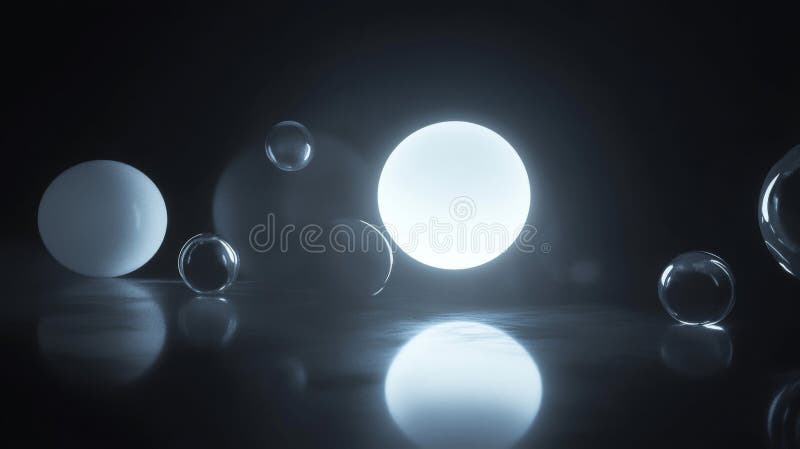 Glowing White Sphere and Dark Reflective Spheres on Black Background ...