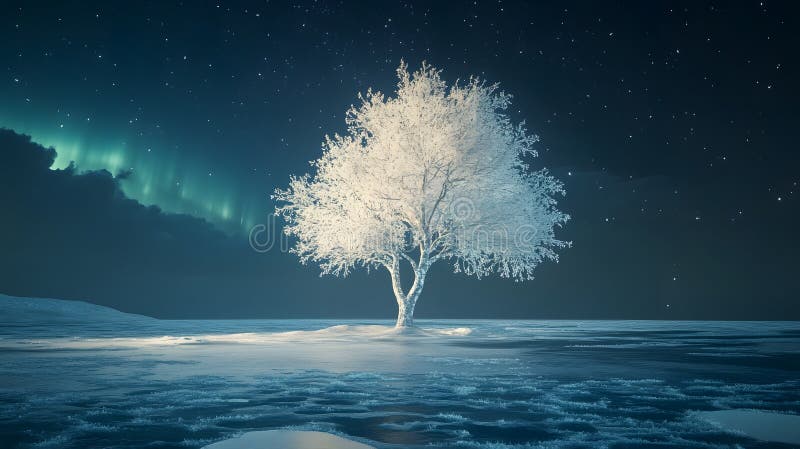 Glowing White Tree Under a Teal Aurora Borealis at Night Stock Photo ...