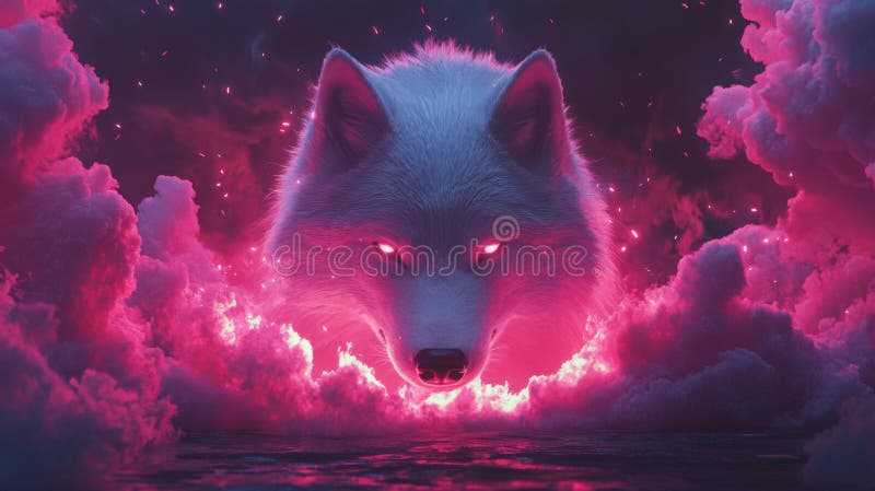 Glowing White Wolf in Pink Cloudscape at Night Stock Illustration ...