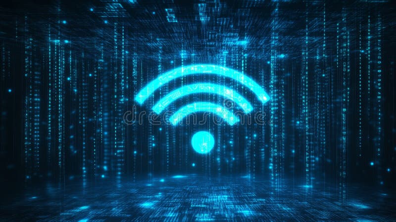 Glowing Wifi Symbol on Blue Digital Background. Network and Internet ...