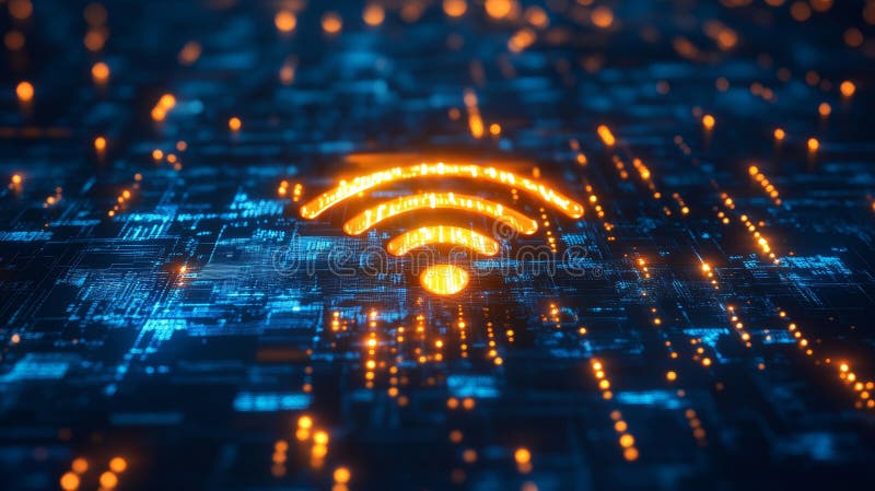 Glowing Wifi Symbol on Blue Digital Background. Wireless Internet ...