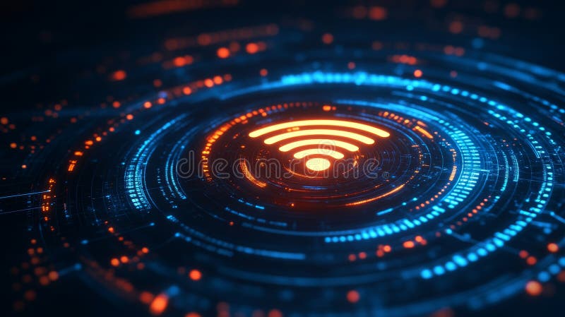 Glowing Wifi Symbol on Blue Futuristic Digital Background, Wireless ...