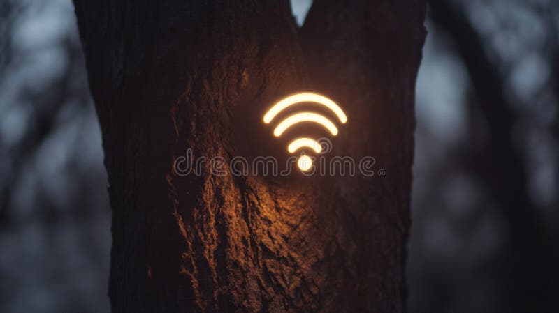 Glowing Wifi Symbol Embedded in Tree Bark at Night Stock Illustration ...