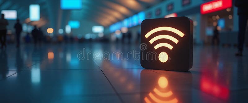 Glowing WiFi Symbol in Modern Airport Terminal, Connectivity and ...