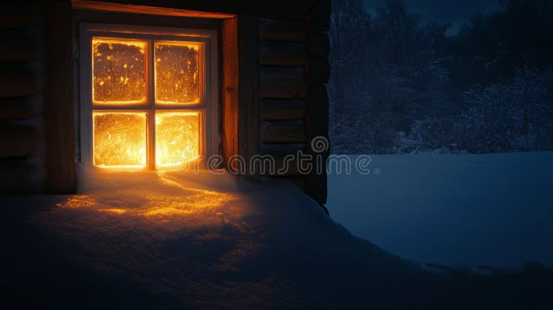 A Glowing Window in a Snowy, Nighttime Forest Stock Illustration ...