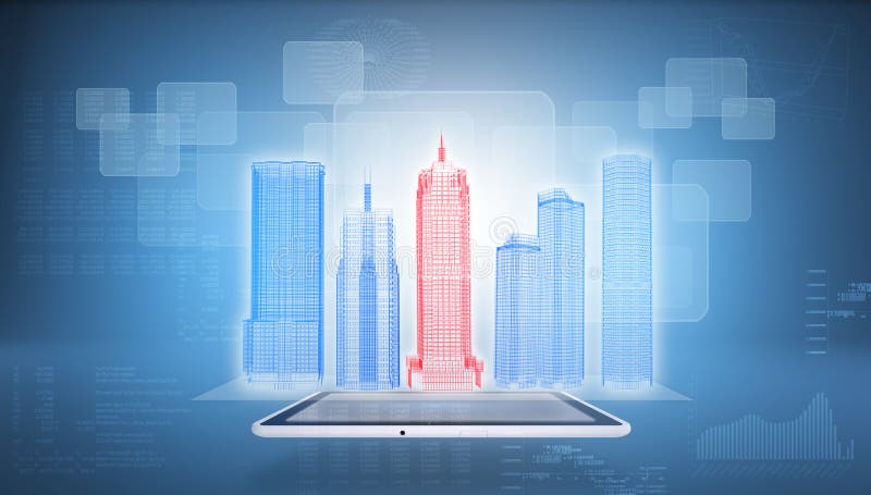 Glowing Wire-frame Buildings on Screen Tablet Pc Stock Photo - Image of ...