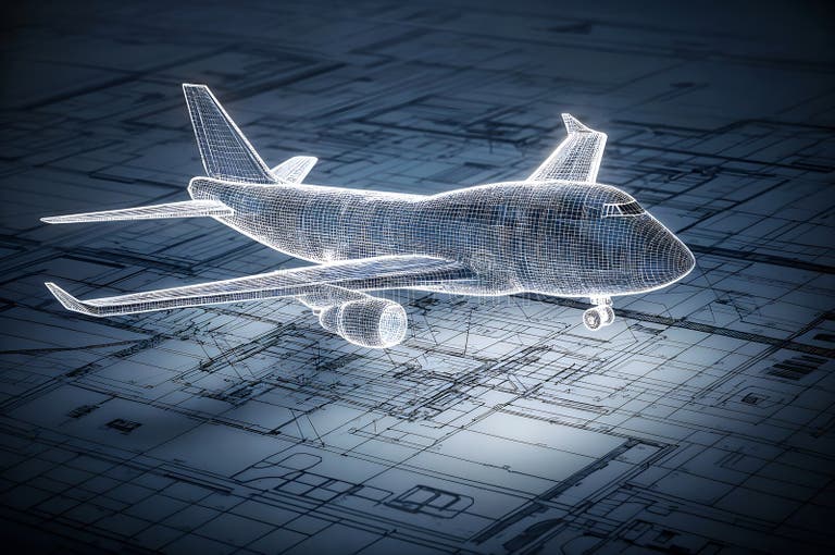 Wireframe Airplane Model Hovering Over Blueprint Design Stock ...