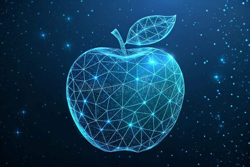 Glowing Wireframe Apple Rendered in Neon Blue Against Deep Space ...