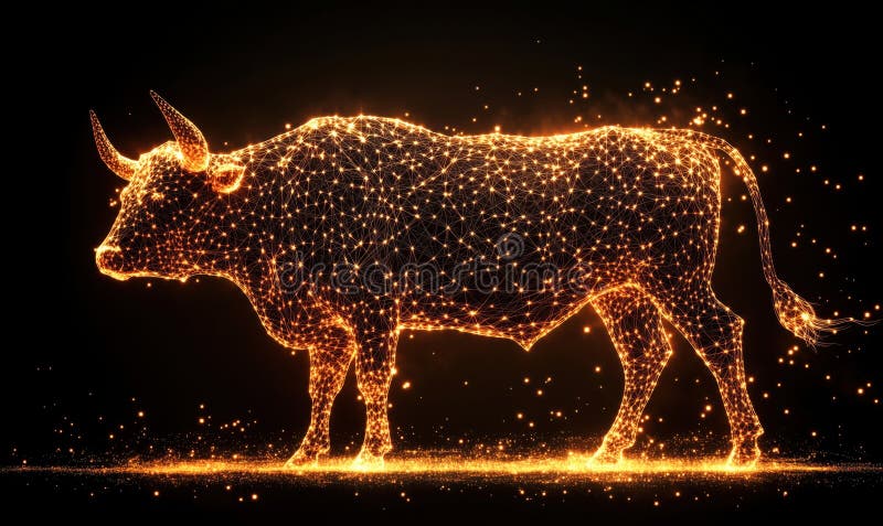 Glowing Wireframe Bull Silhouette with Sparkling Particles and Neon ...