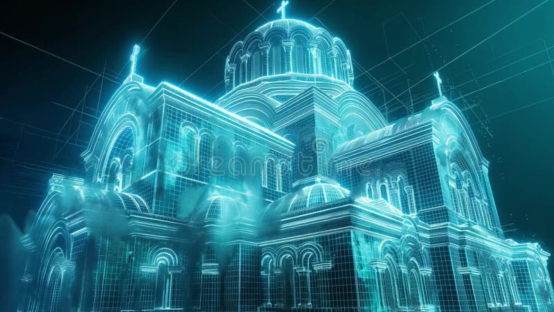 Glowing Wireframe of a Cathedral Structure Illustrates Futuristic ...